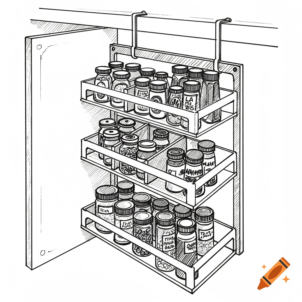 Black and white hand-drawn image of a 3-tier pull-down hinged spice ...