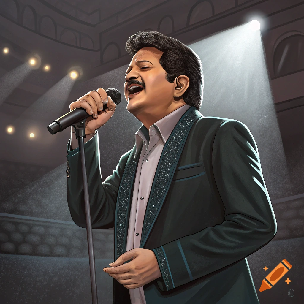 Udit Narayan singing with microphone on Craiyon
