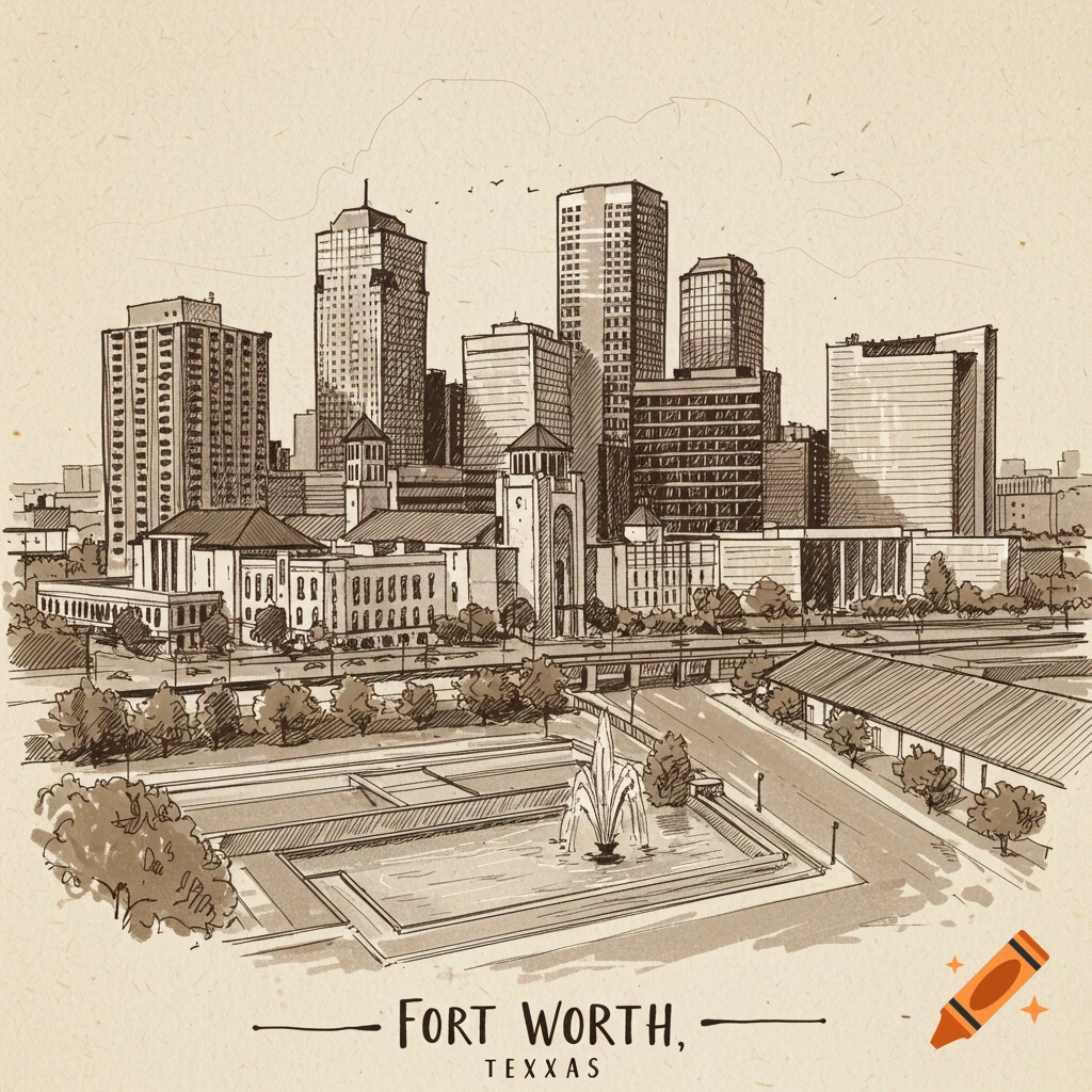 Sketch of the Fort Worth, Texas skyline with a fountain. on Craiyon