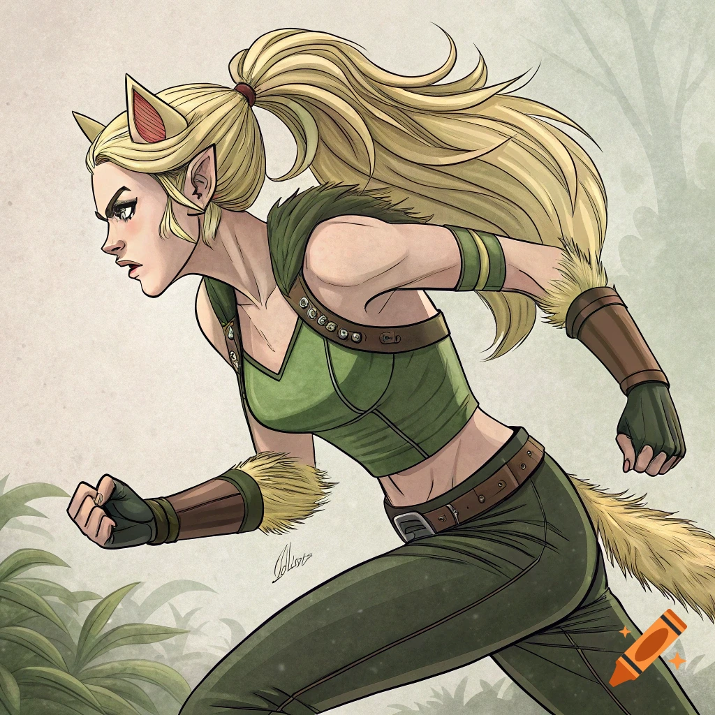 Comic art of a blonde werecat in a green outfit, running with a fierce ...