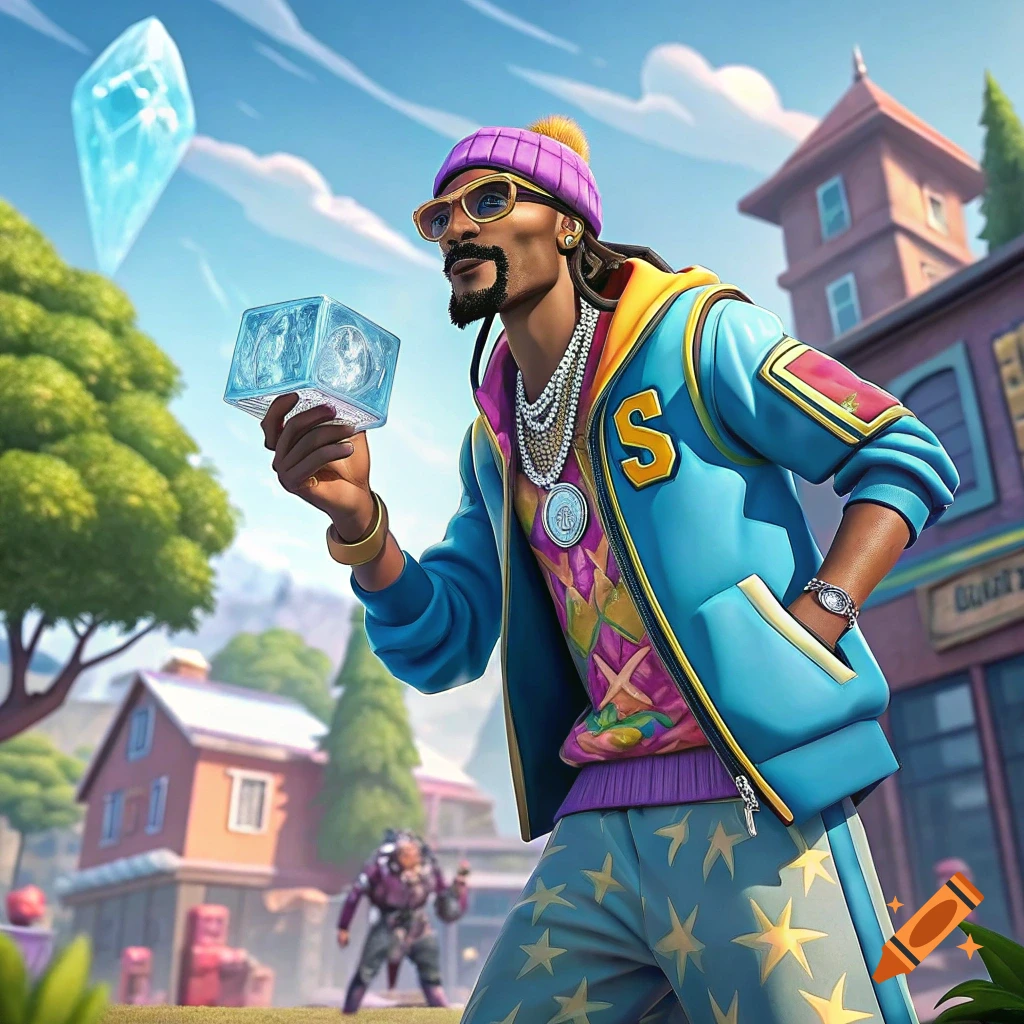 Character resembling Snoop Dogg holds an ice cube in a colorful ...