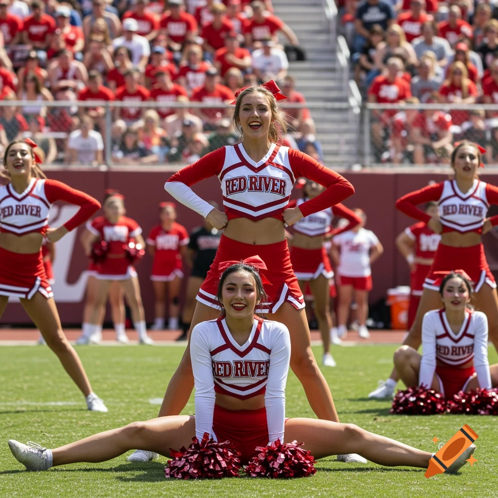 Cheerleaders in red and white uniforms performing on a field during a ...