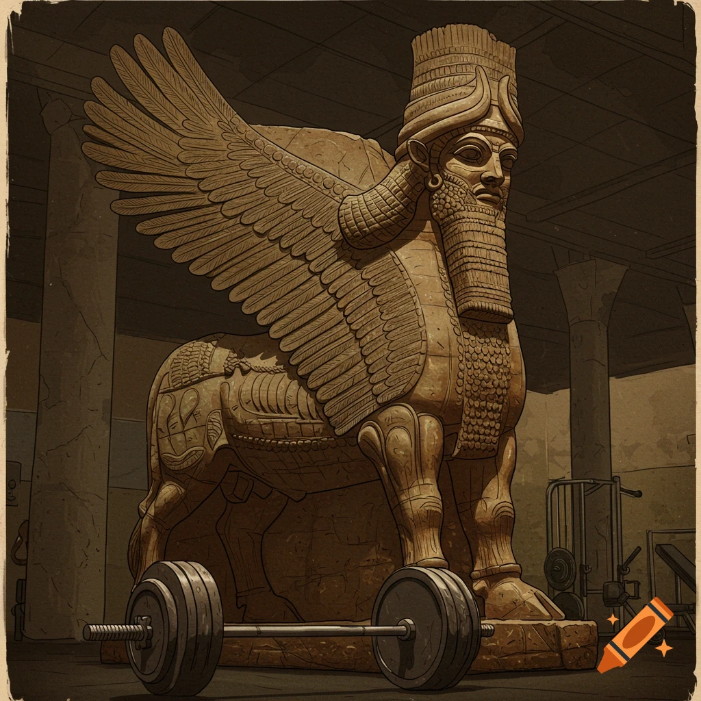 Assyrian Lamassu winged bull with barbell on Craiyon