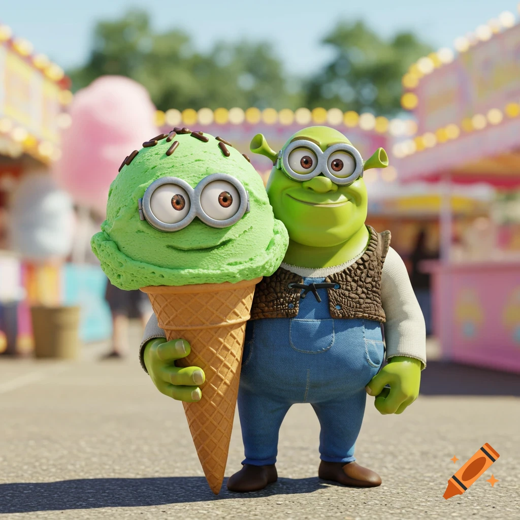 Cartoon minion shrek with a minion shrek ice cream on Craiyon