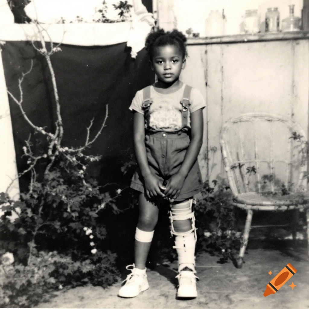 Wilma Rudolph as a child with leg braces on Craiyon