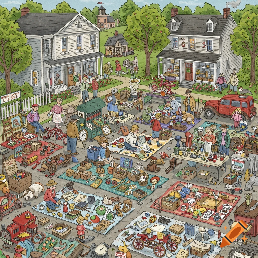 Illustration of a busy town rummage sale with people browsing items. on ...