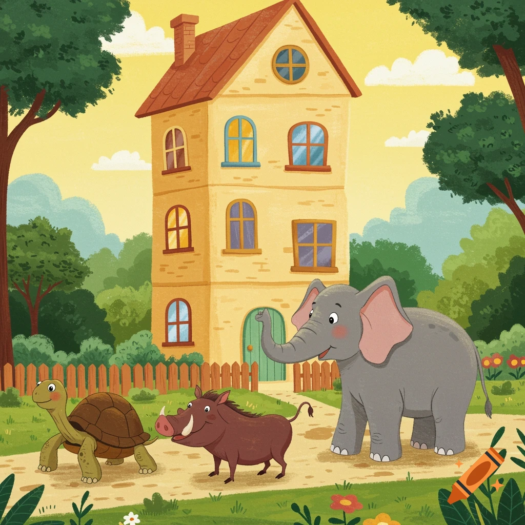 A cartoon turtle, warthog, and elephant walk towards a tall house in a ...