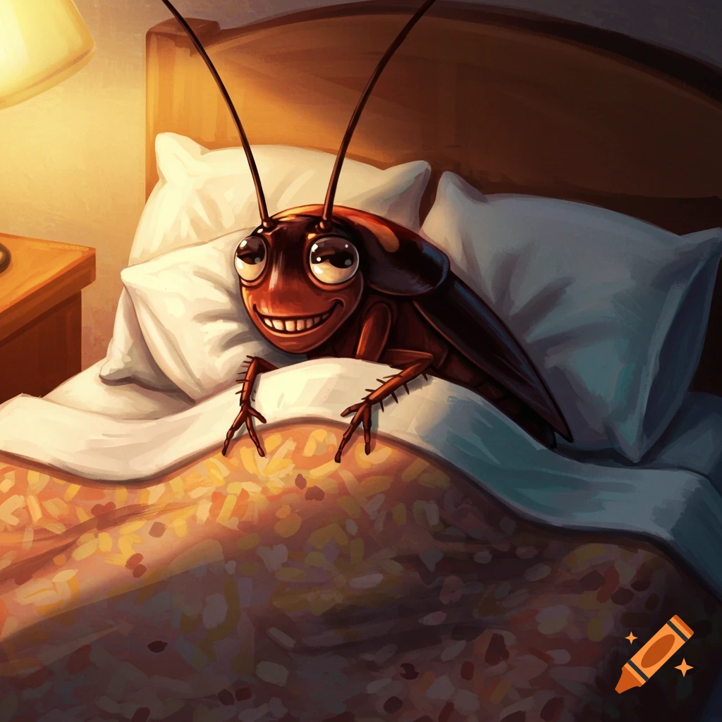 A cartoon cockroach is lying in a bed with a pillow and blanket. on Craiyon