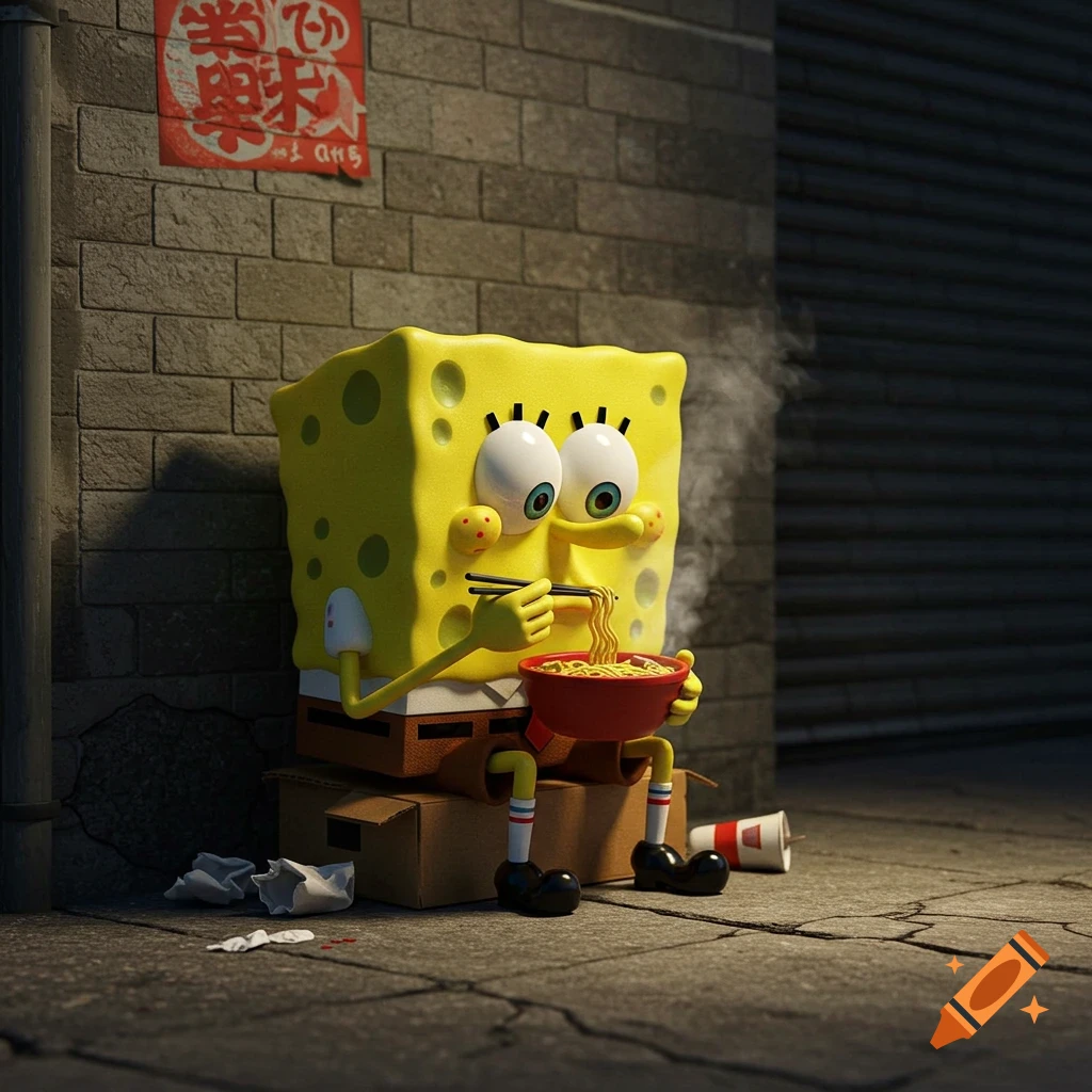 Spongebob Squarepants sits on cardboard boxes in an alley, eating ...