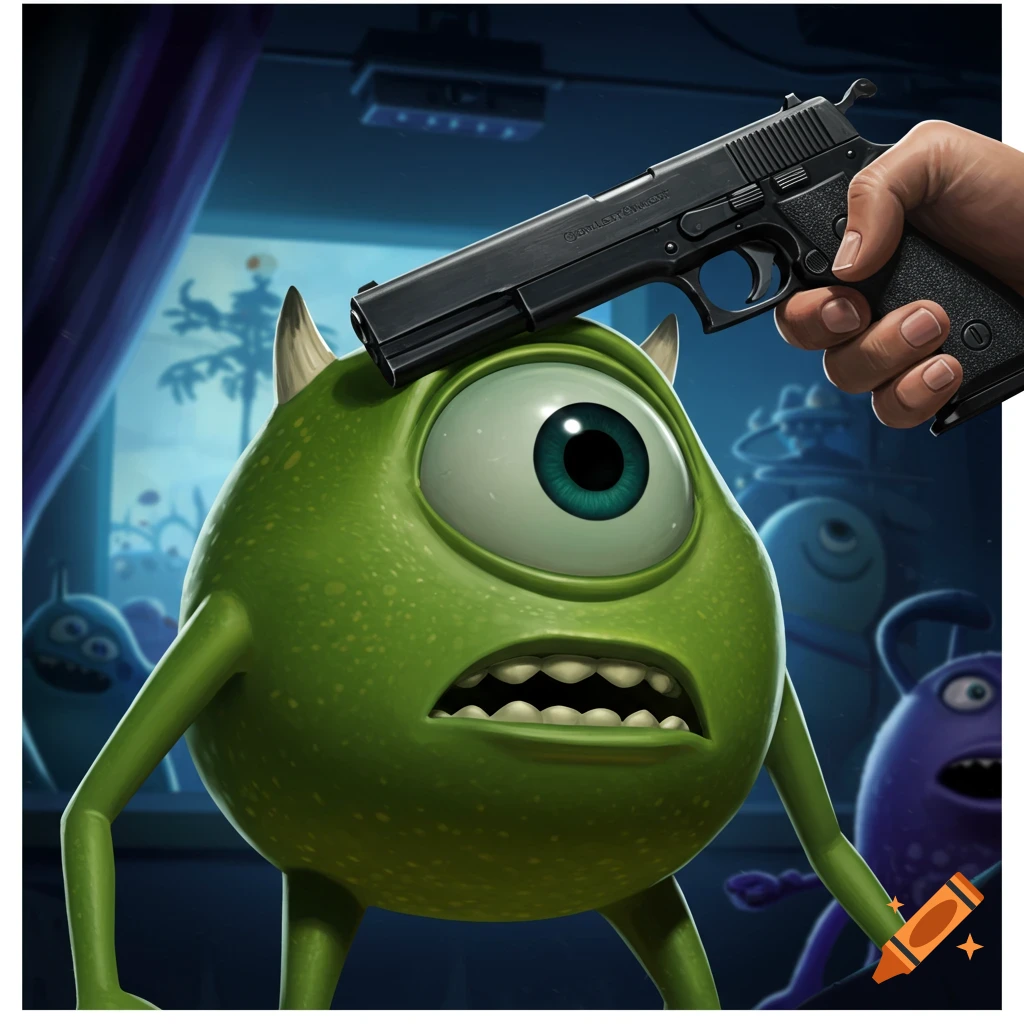 Mike Wazowski from Monsters Inc. with a gun held to his head. on Craiyon