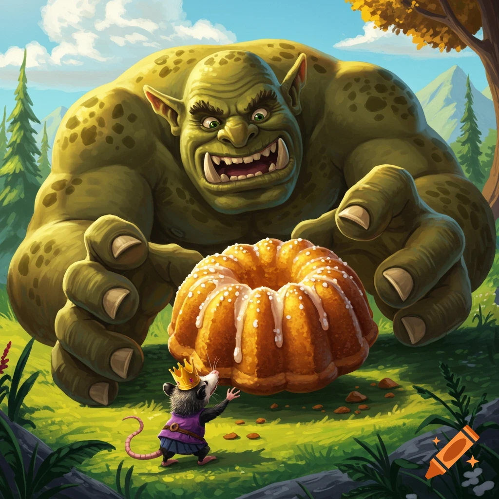 Giant ogre stealing Bundt cake from crown-wearing possum on Craiyon