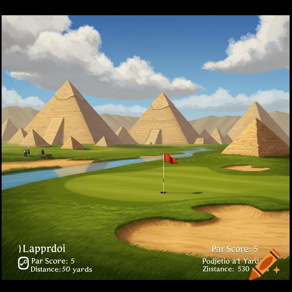 Golf course with sand, pyramids, river, golf hole, flag, and text "Par ...