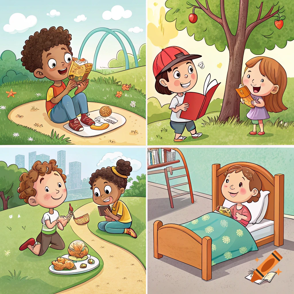 Multi-panel illustration shows children learning rules: doing homework, being quiet during a ...