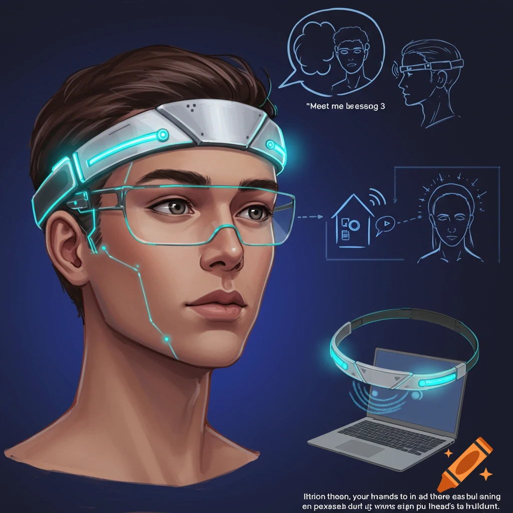 Person wearing futuristic headband controlling smart home with thoughts ...