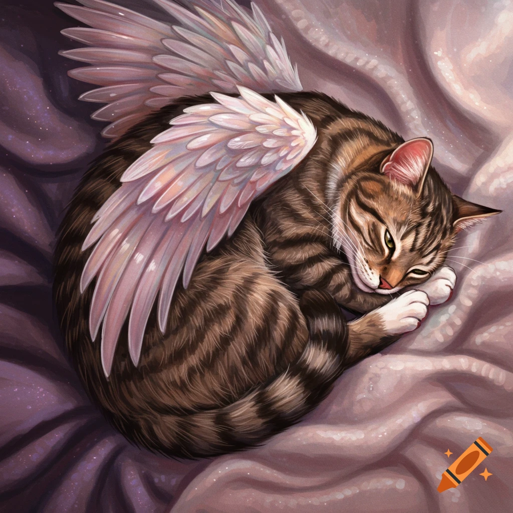 A tabby cat with wings curled up on a blanket. on Craiyon