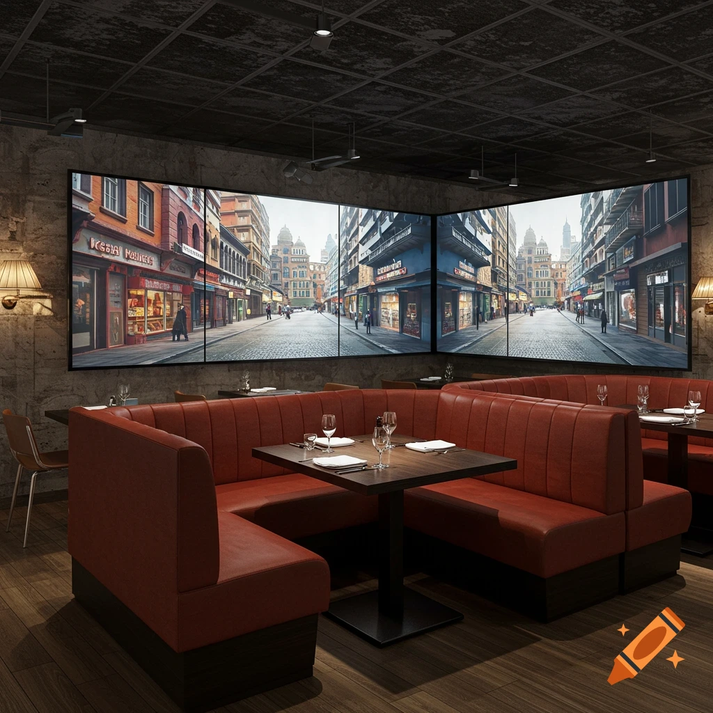Hi-end luxury restaurant booth with immersive 3D city walk displayed on LED TVs on Craiyon