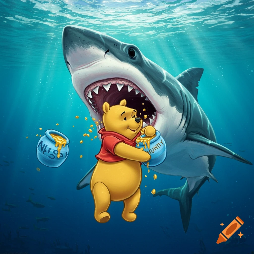 Cartoon Winnie the Pooh holds a honey pot underwater as a shark opens ...