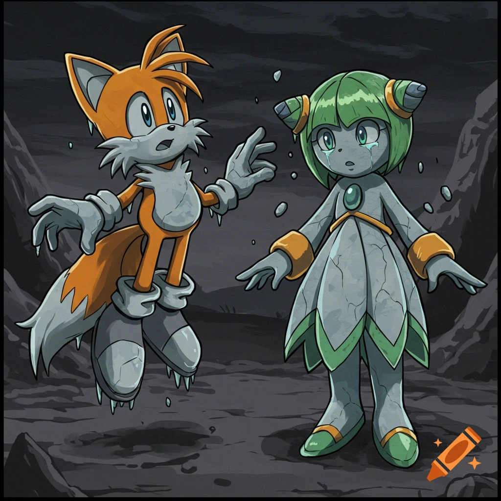 Tails the Fox and Cosmo the Seedrian turned to stone on Craiyon
