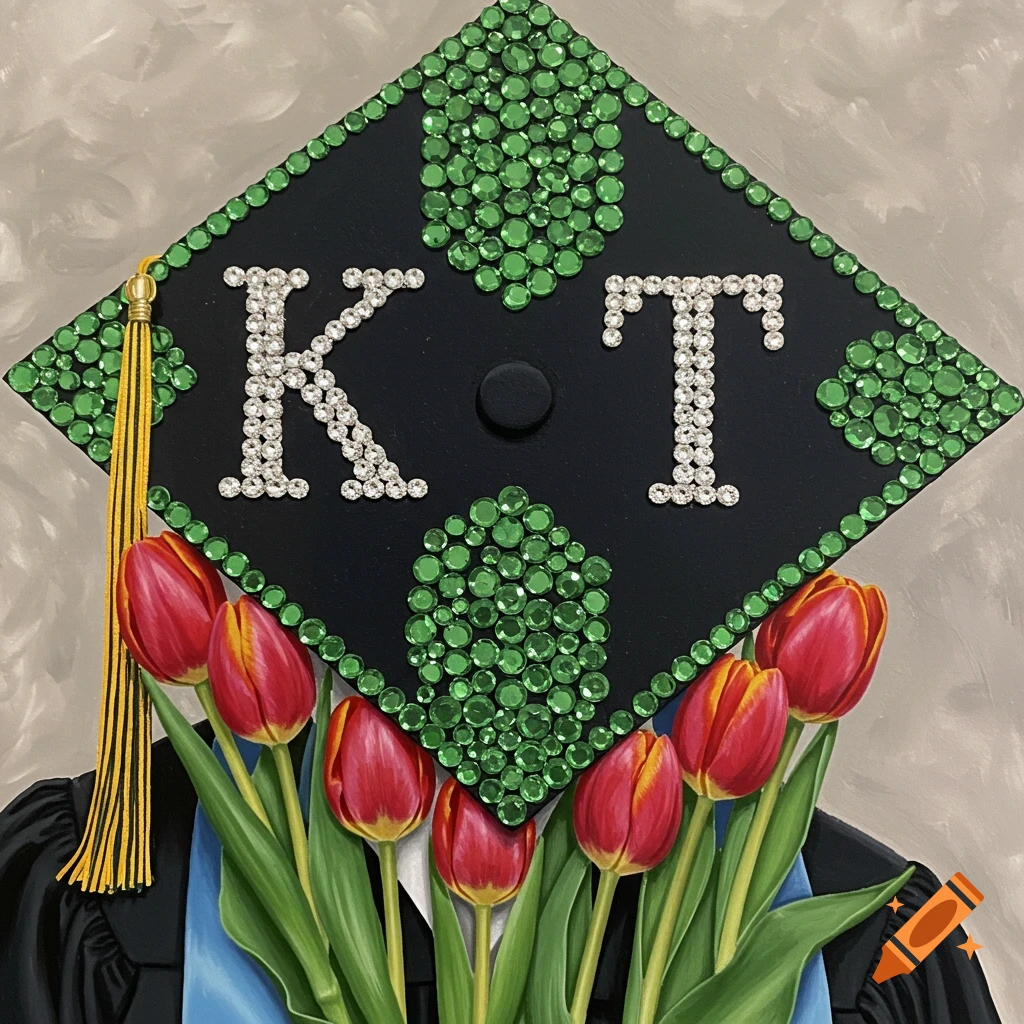 Rhinestone graduation cap with KT initials and tulips on Craiyon