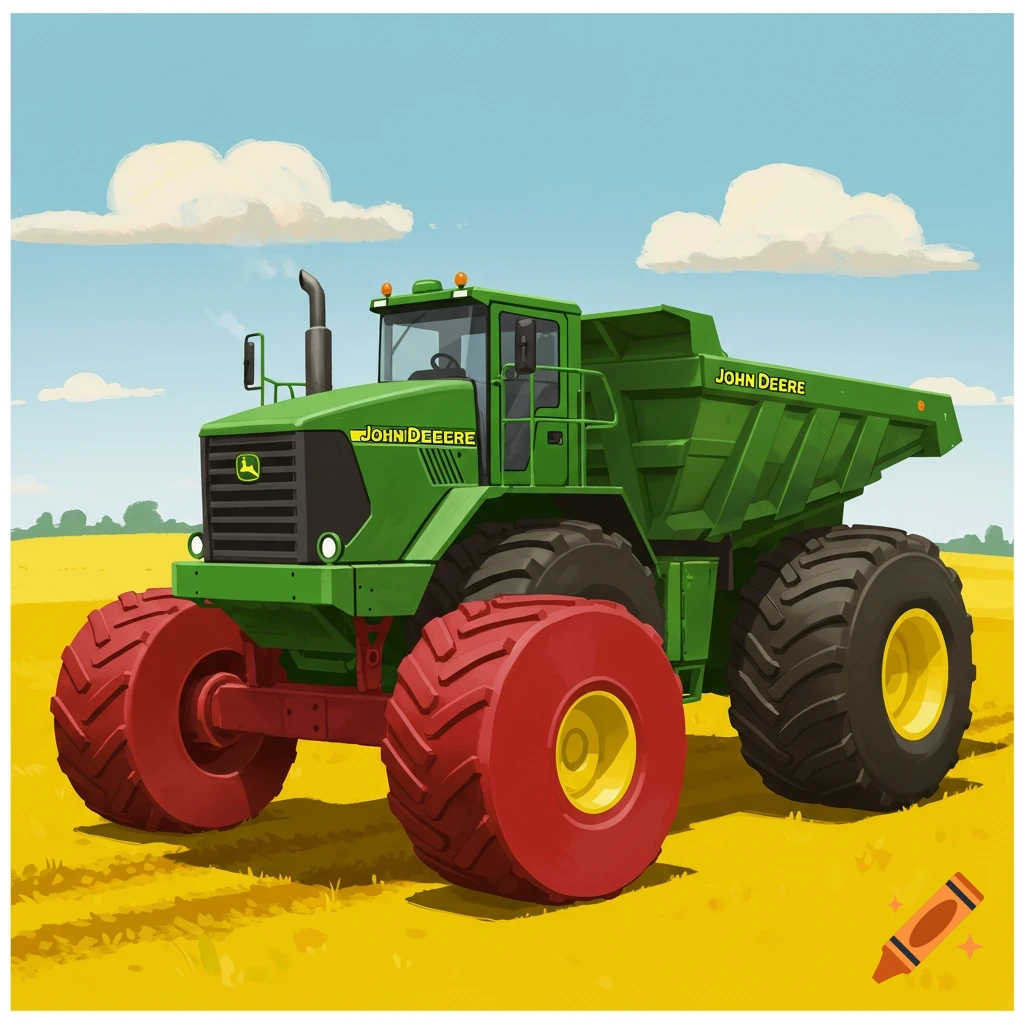 A green John Deere articulated dump truck with large red front wheels ...