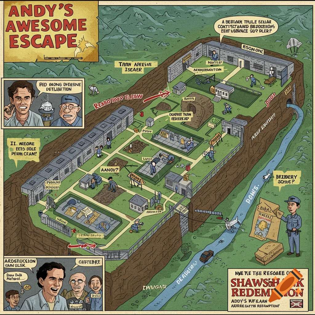 Cartoon map of the Shawshank Redemption prison break plan on Craiyon
