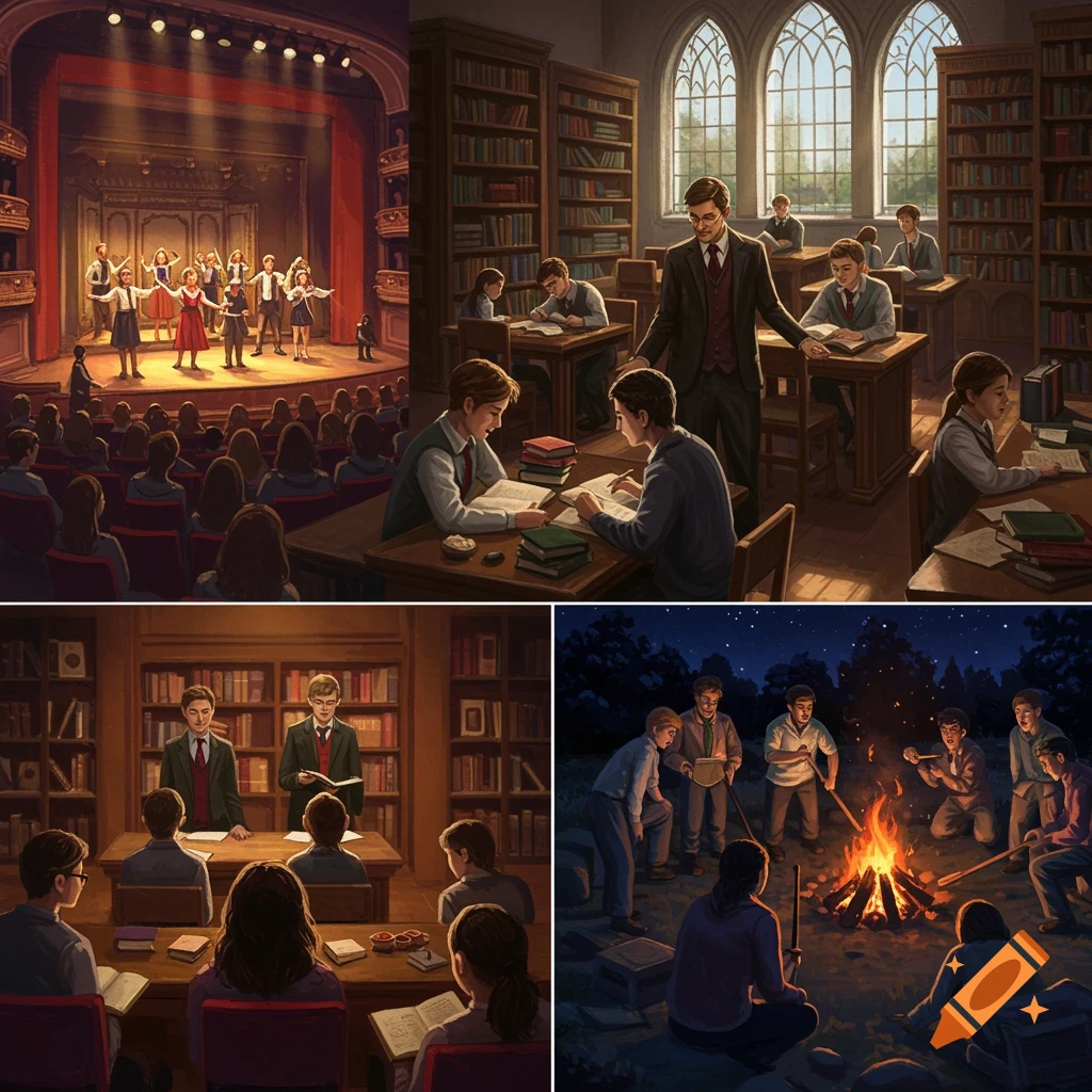 Private school gatherings: theater opening, study hall, bonfire on Craiyon