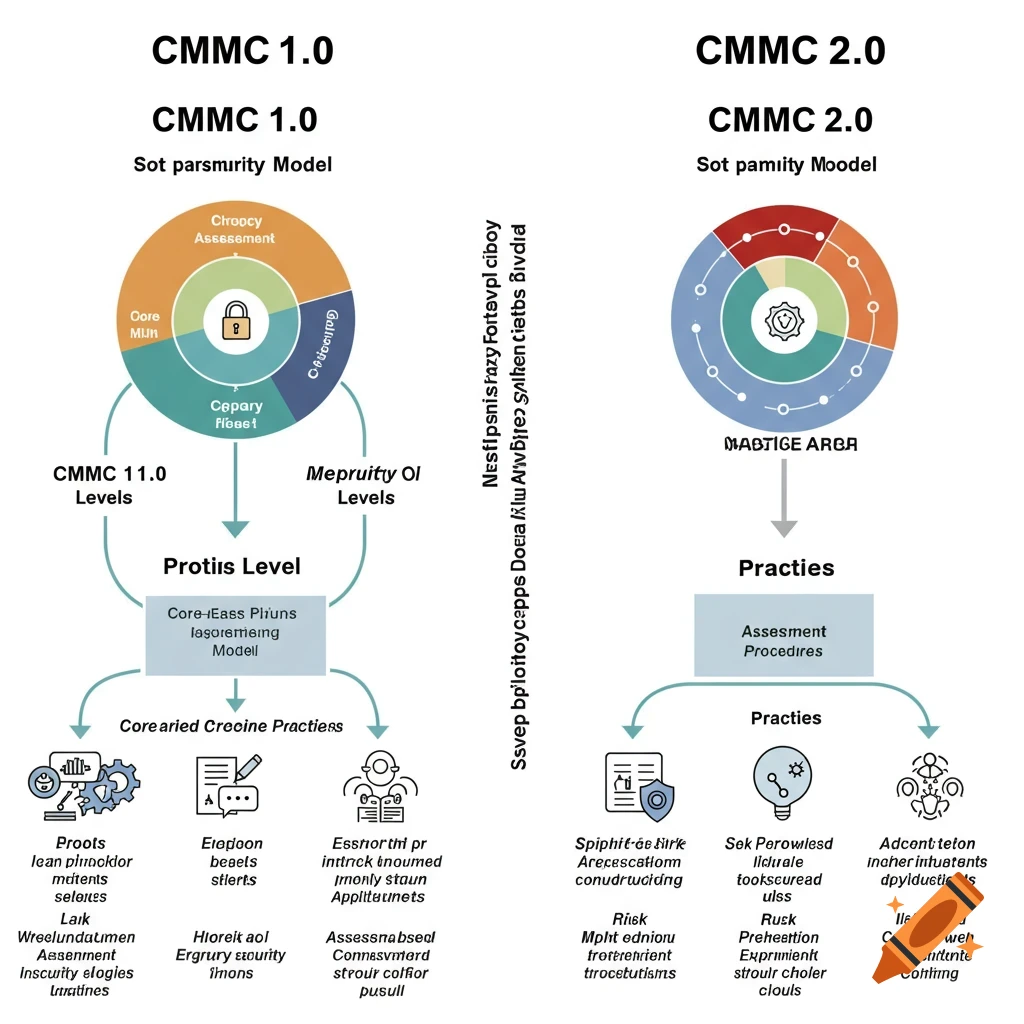 Infographic comparing CMMC 1.0 and CMMC 2.0 on Craiyon