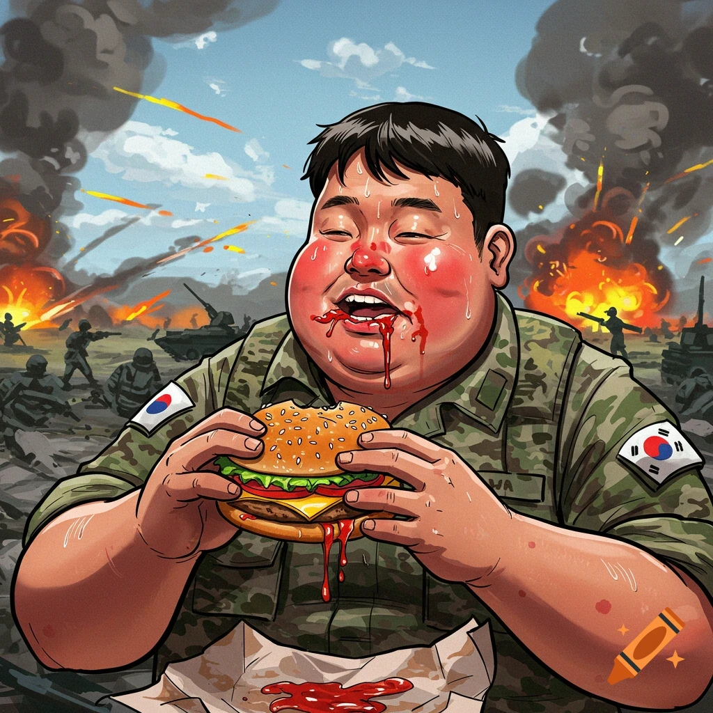 Cartoon man in military uniform eating a messy burger in a warzone. on ...
