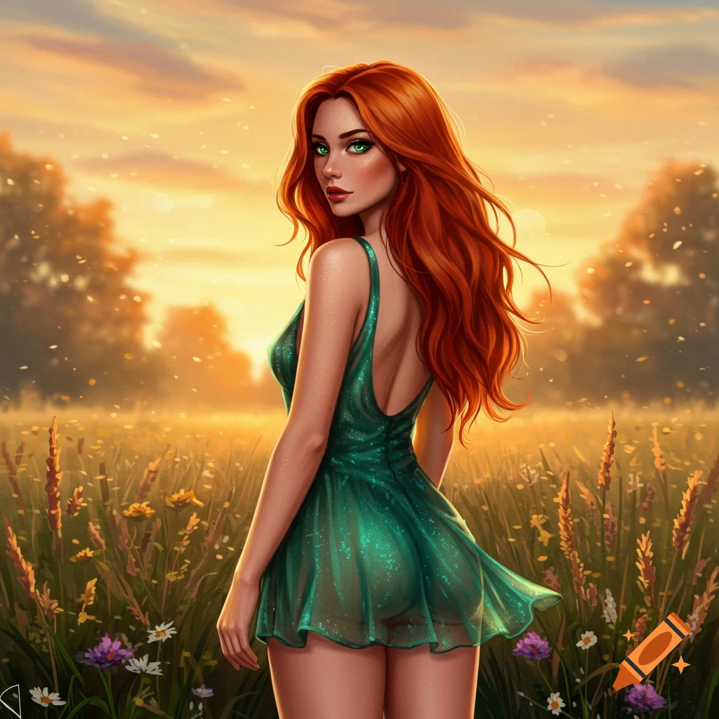 Woman with red hair and green eyes wearing a translucent green dress on ...