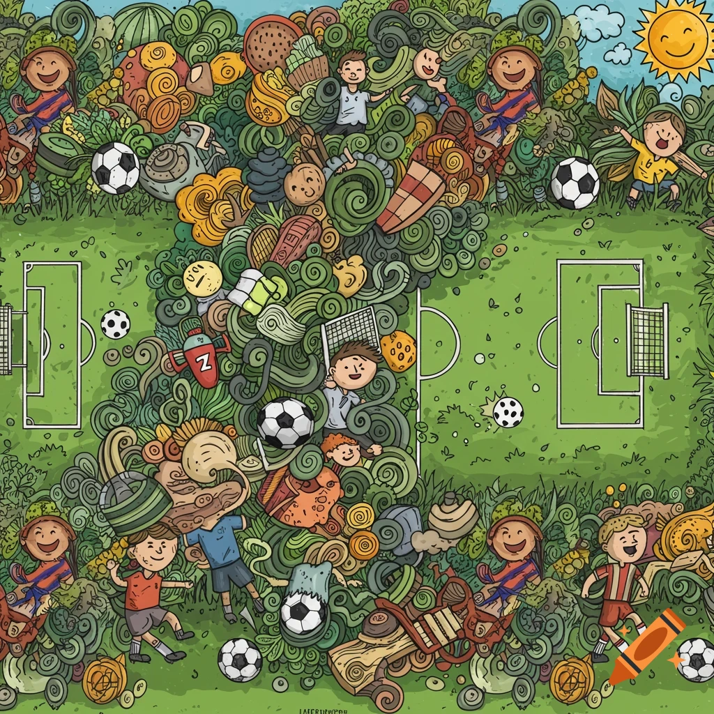 Doodle art illustration of children playing soccer on two fields ...