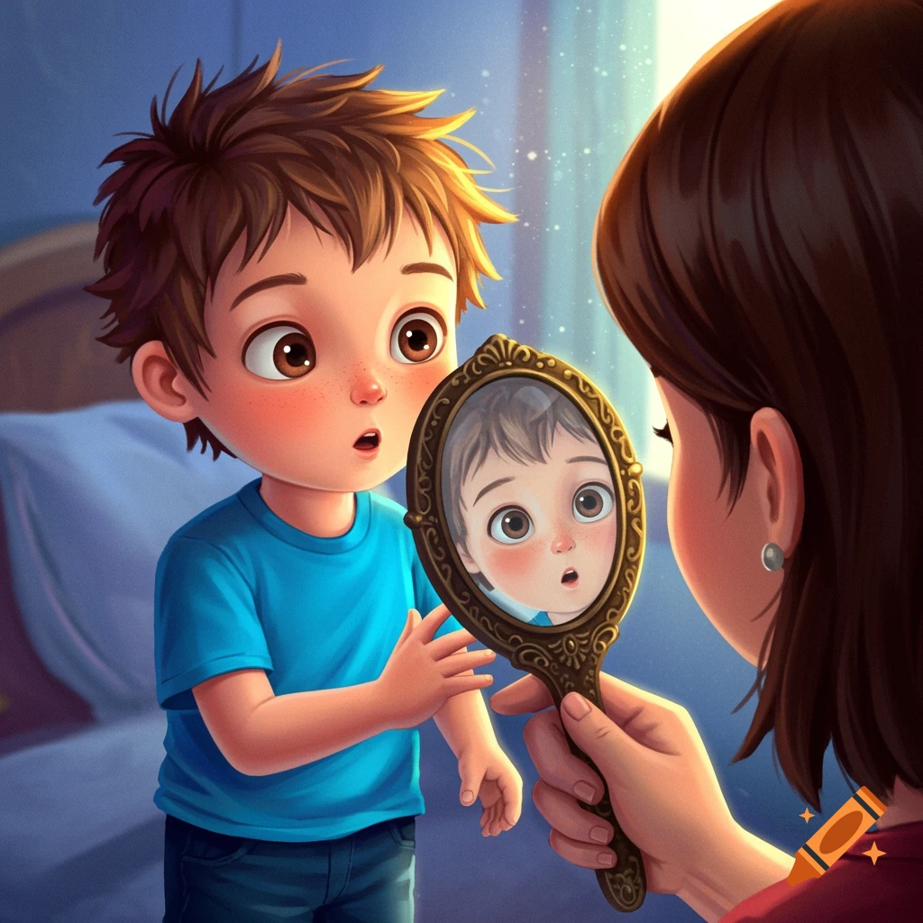 Illustrative painting of a young boy looking with wonder at his ...