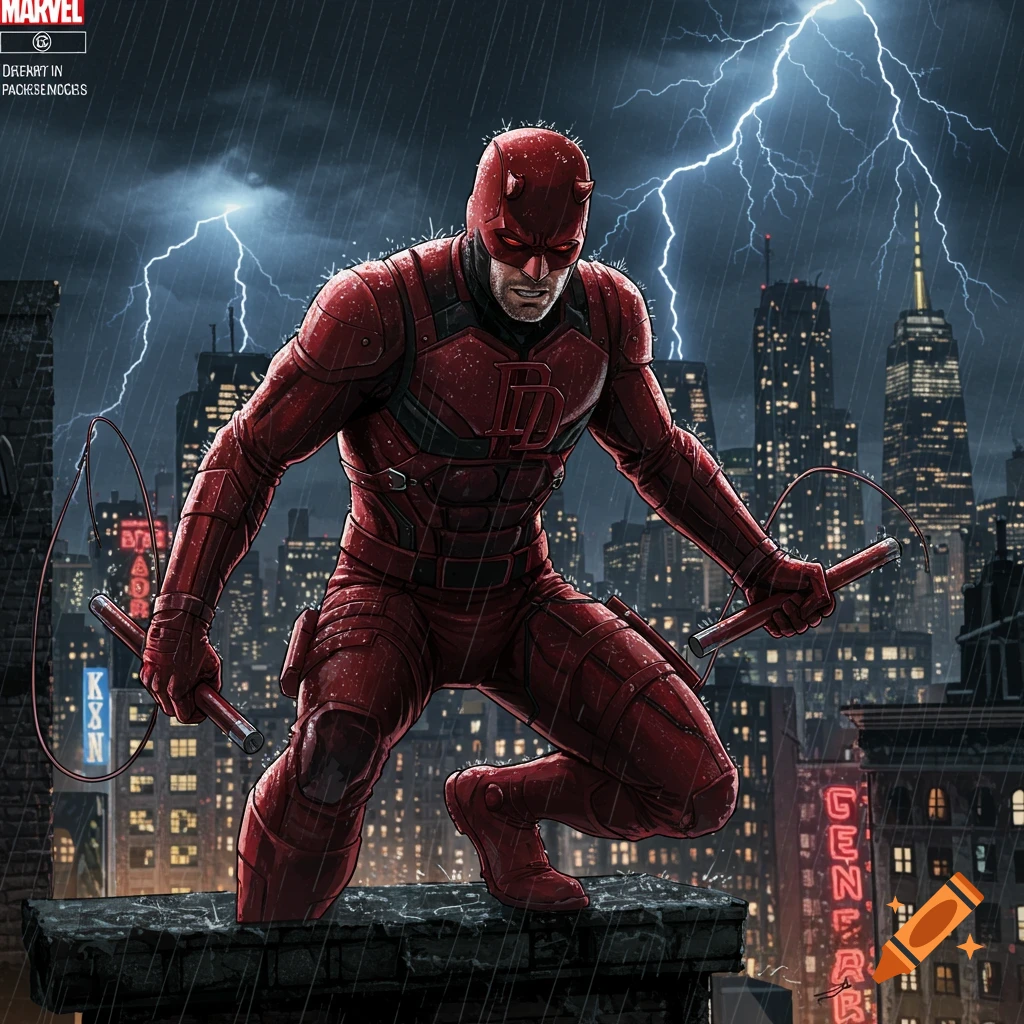 Daredevil in red suit crouches on a rain-soaked rooftop during a ...