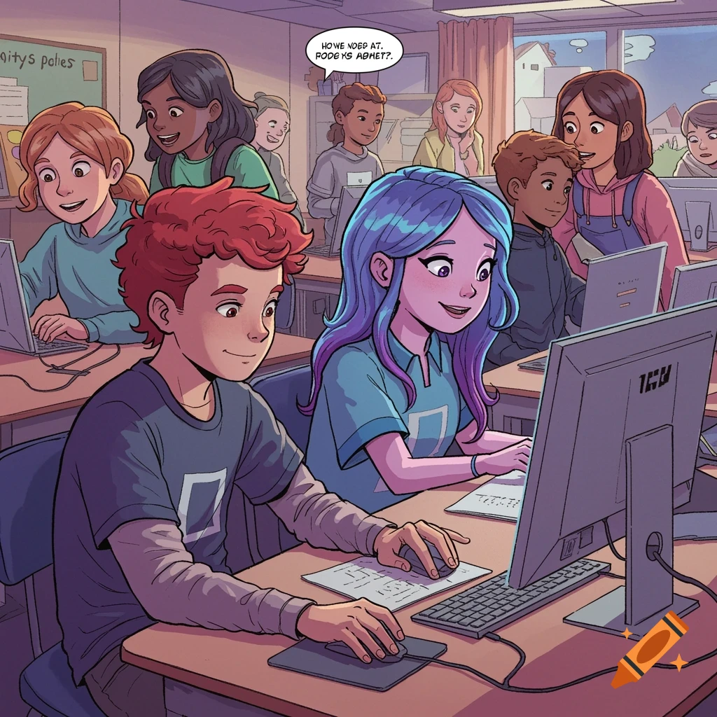 Diverse middle school students work on computers in a classroom, comic ...