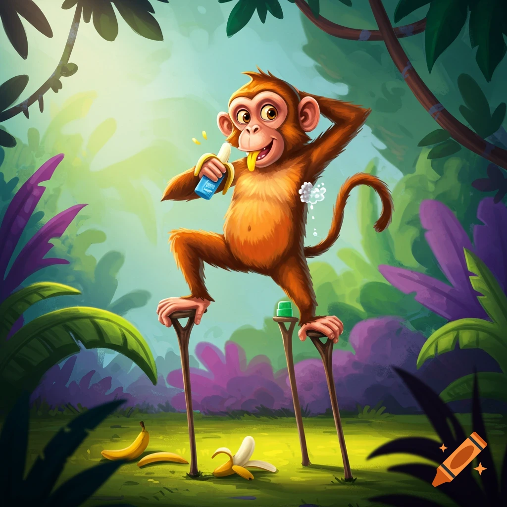 Monkey on stilts putting deodorant on armpit while eating a banana on ...