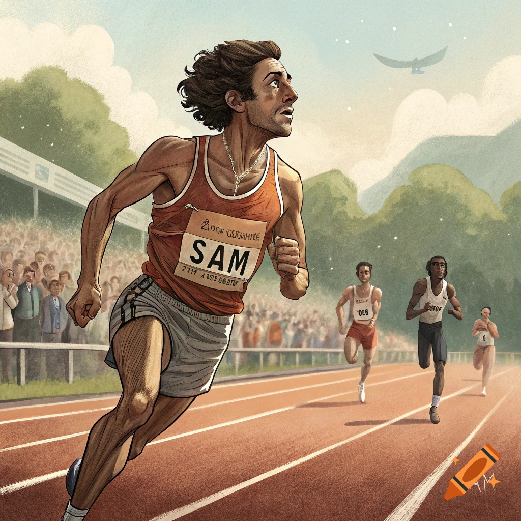 A runner crosses the finish line with a joyful expression, winning a ...