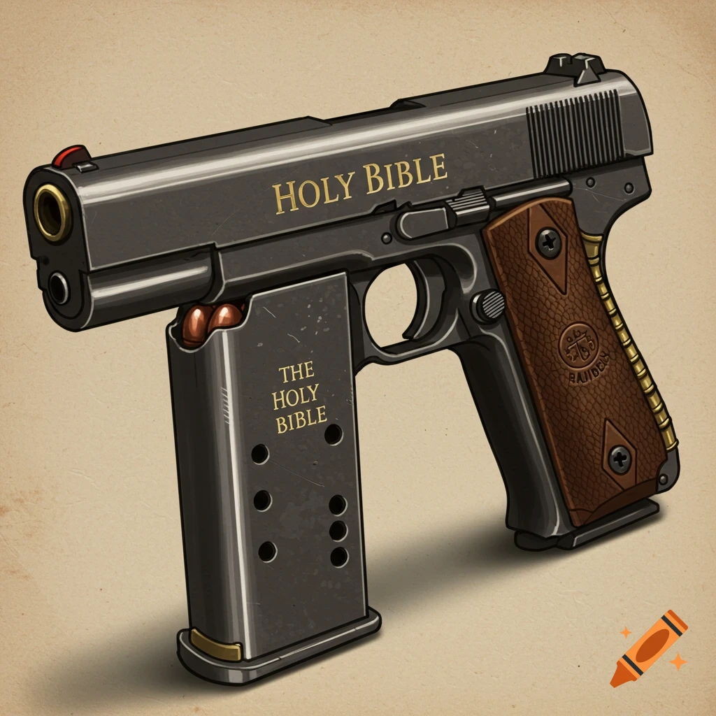 A handgun with 'Holy Bible' text and a magazine loaded with book-like ...