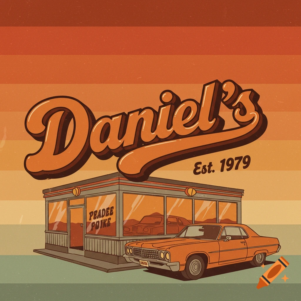 Daniel's Est. 1979 in 1970s style font on Craiyon