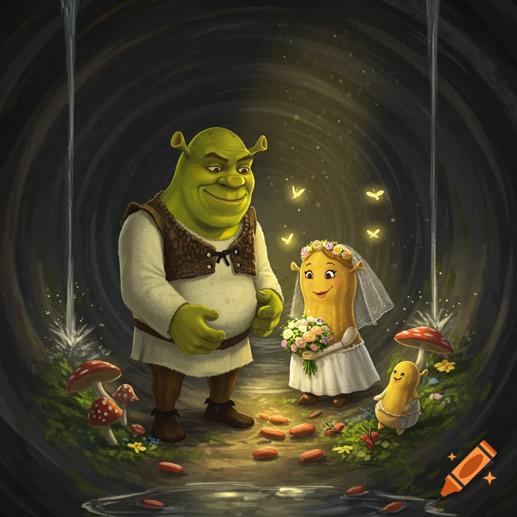 Shrek the ogre kisses Donkey in a fairytale swamp illustration. on Craiyon