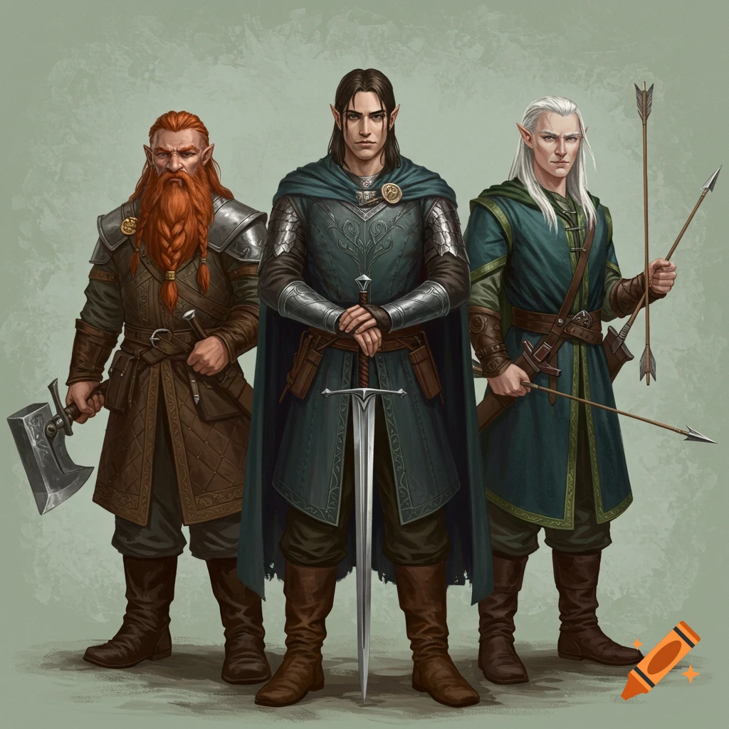 A dwarf and two elves in fantasy armor holding weapons. on Craiyon