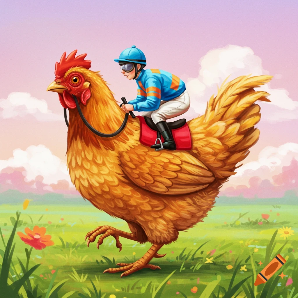 A small jockey rides a giant chicken through a field of sunflowers ...