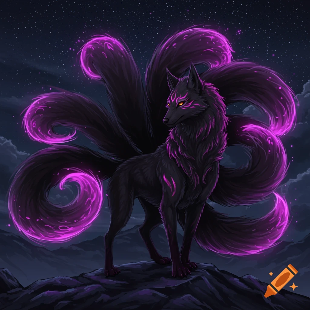 Kitsune in black and purple with glowing purple accents on Craiyon