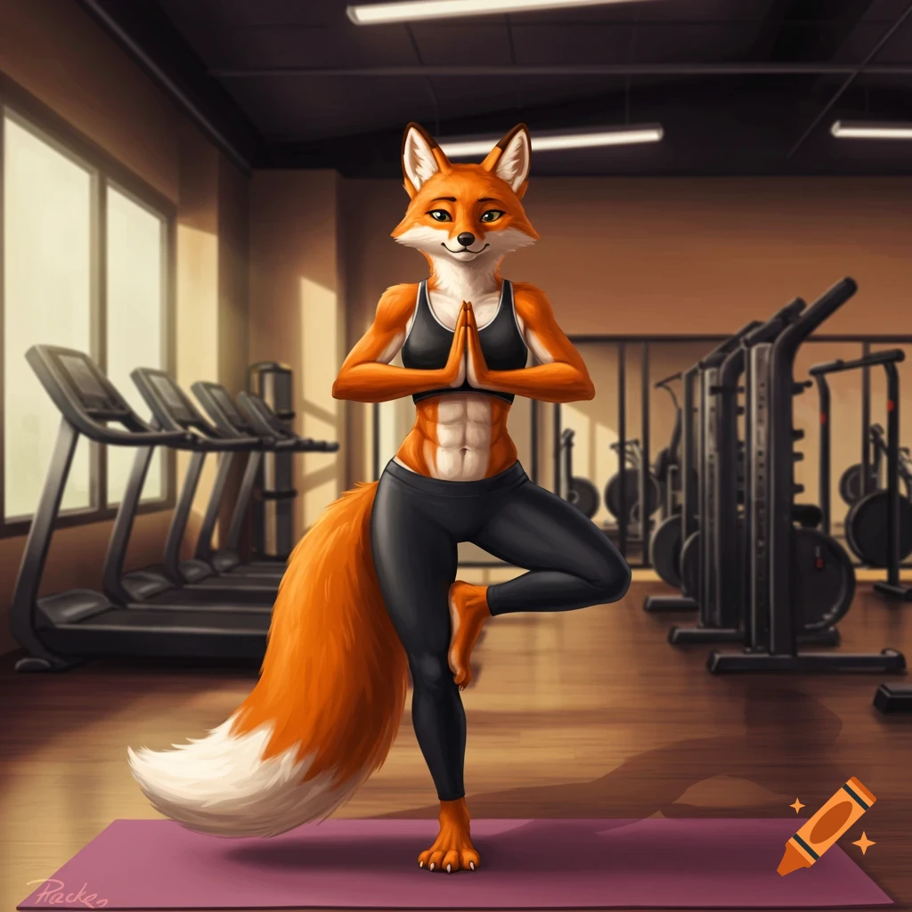 Anthro animated female fox in yoga pose at the gym on Craiyon