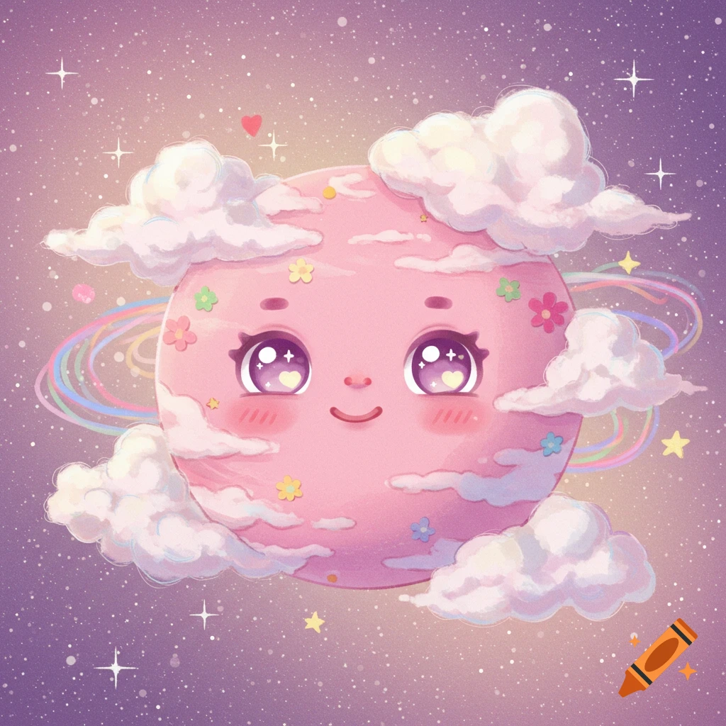 A cute pink planet with a face, surrounded by clouds, stars, and a ...