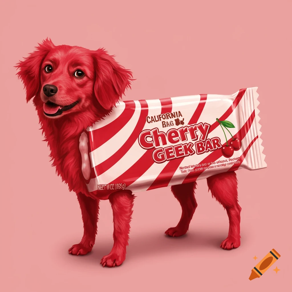 Red dog resembling a California Cherry Geek Bar on Craiyon