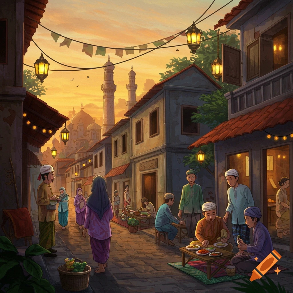 People gathering and eating on a street at sunset with buildings and ...
