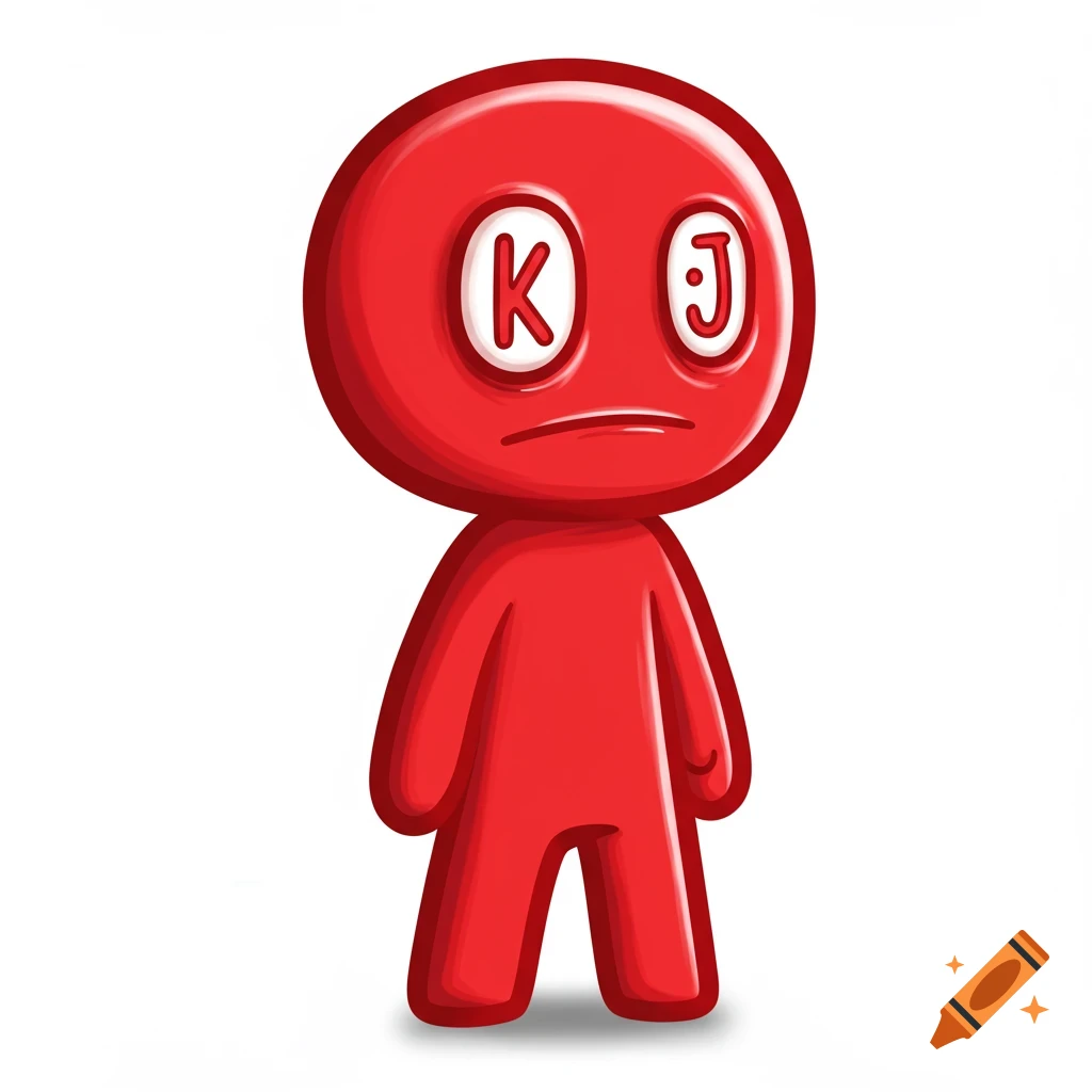 A red stickman character with K and J in its eyes, looking sad. on Craiyon