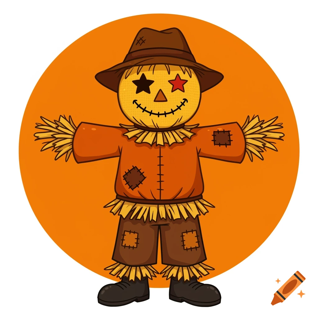 Cartoon scarecrow with burlap head, fabric eye, and straw hands on Craiyon