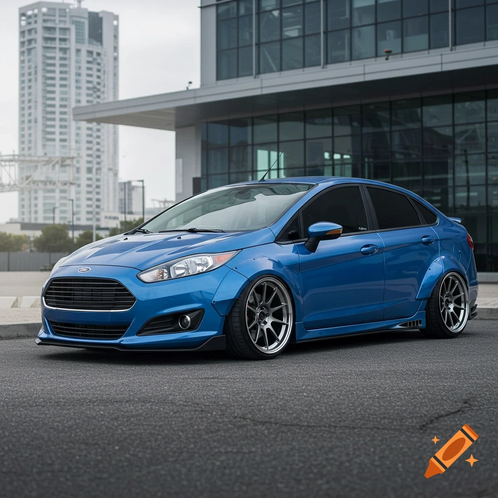 A blue Ford Fiesta sedan with a widebody kit parked on a street outside ...