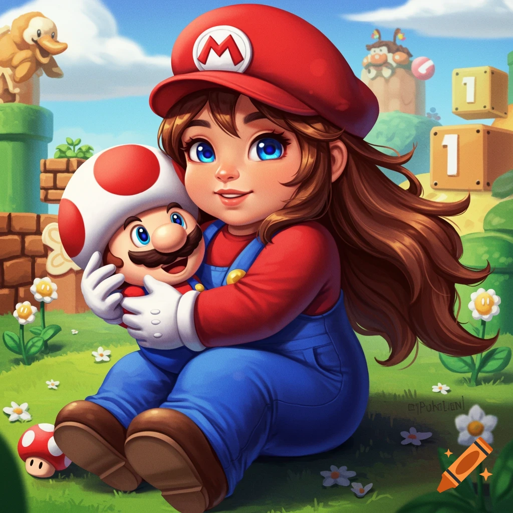 A girl in a Mario costume is hugging a Toad plushie in a whimsical ...