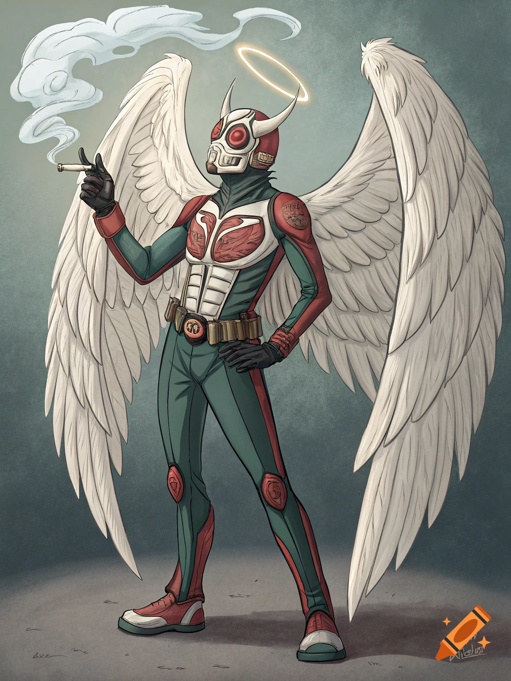 Reki from Haibane Renmei in Kamen Rider style with halo and wings on ...